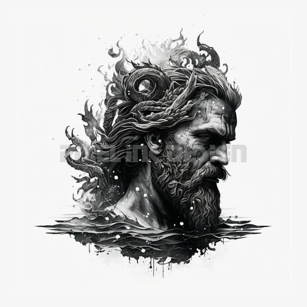 Poseidon God of the Sea Tattoo Design White Background - Etsy