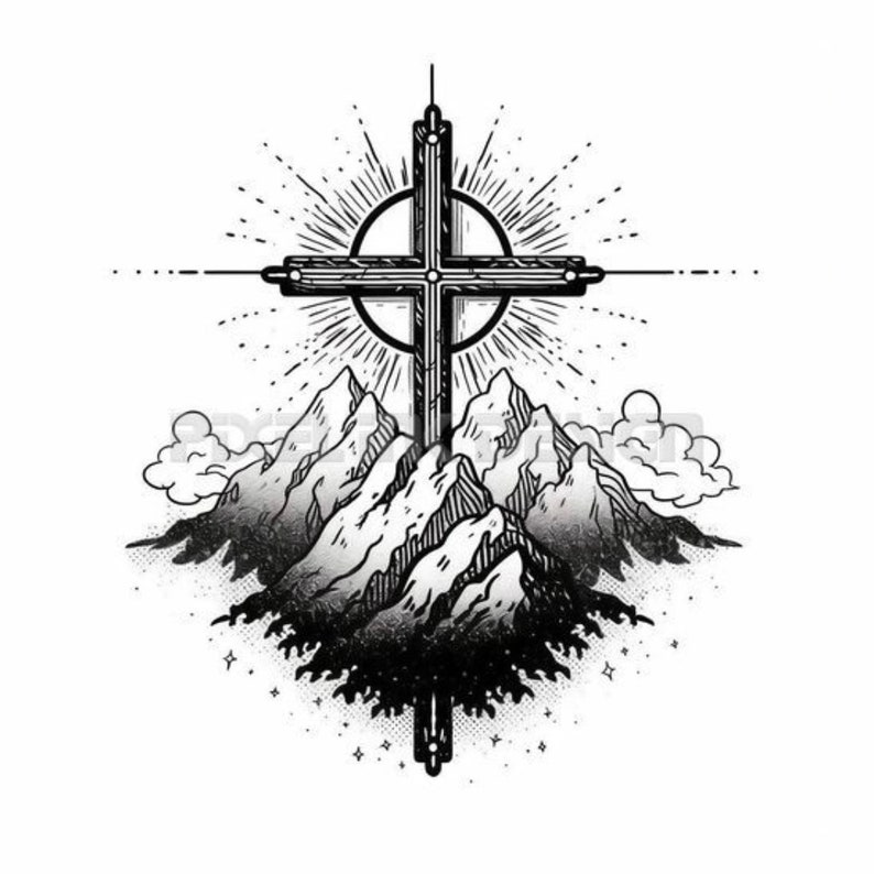 Cross Over Mountains Tattoo Design - Download High Resolution Digital ...