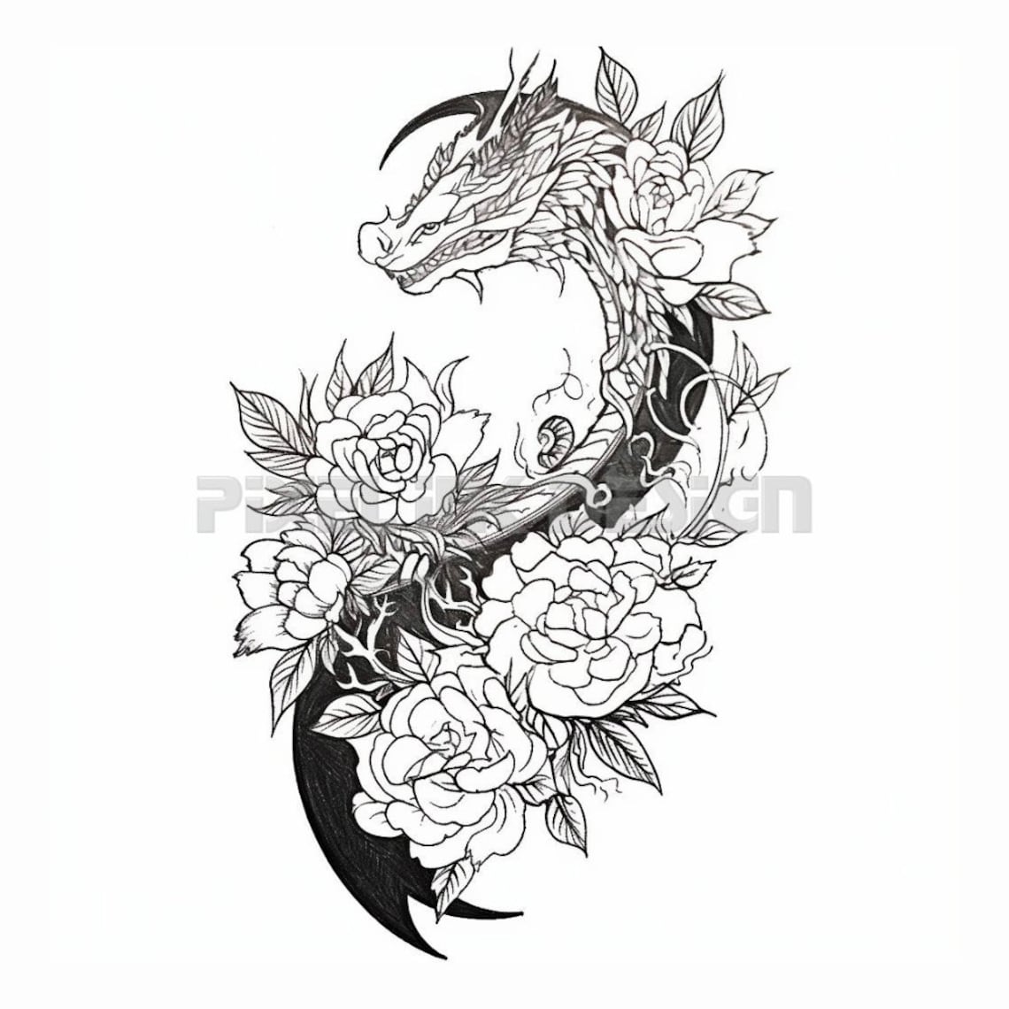 Floral Dragon Tattoo Design Download High Resolution Digital Art PNG ...