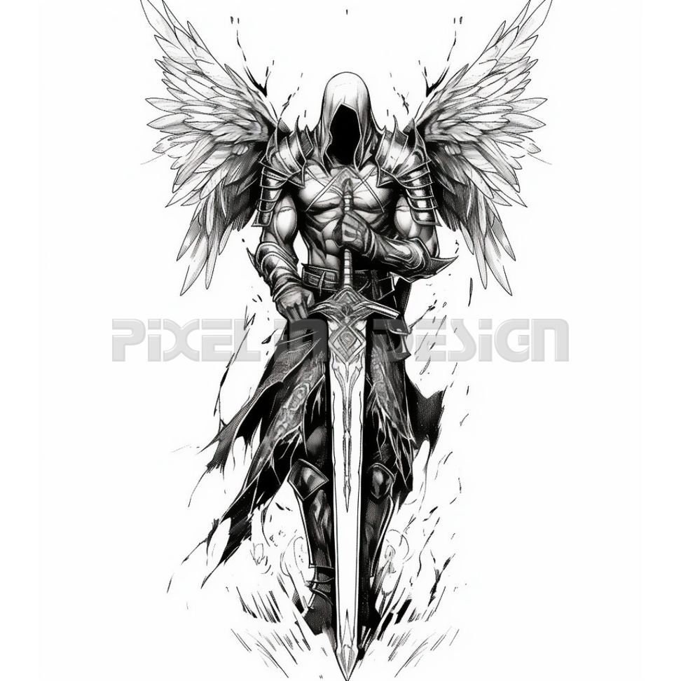 Hooded Angel With a Sword Tattoo Design Download High Resolution ...