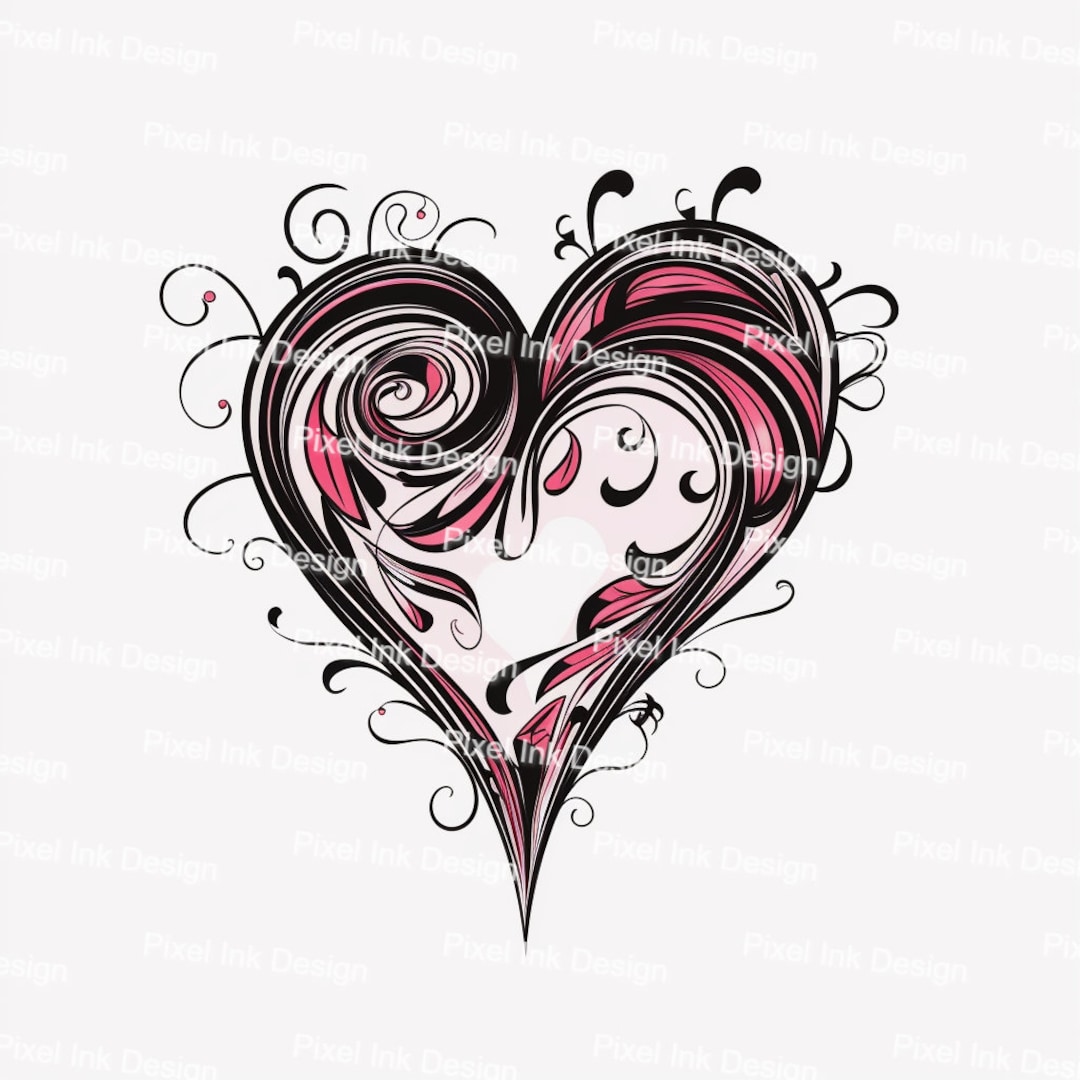 Pink Heart Thin Line Style Tattoo White Background - Etsy