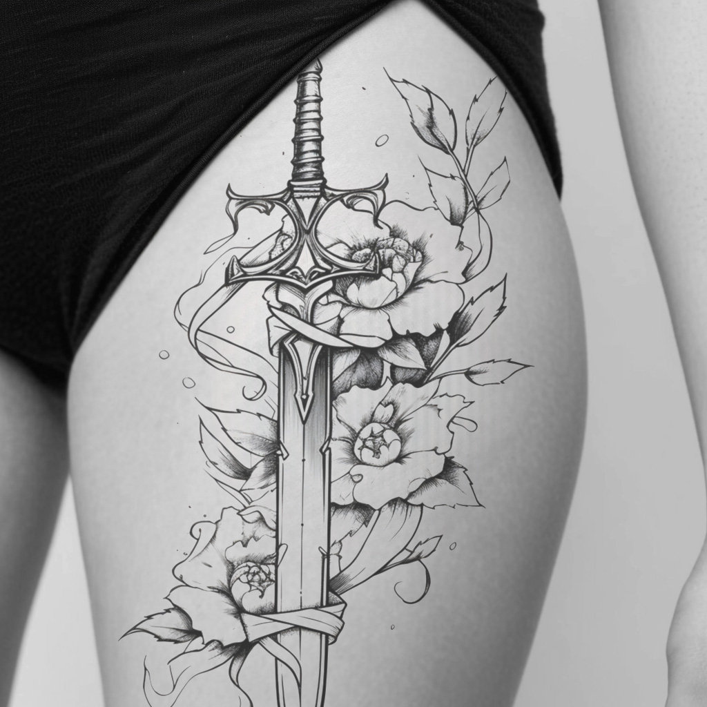Sword With Flowers Tattoo Design - Download High Resolution Digital Art ...