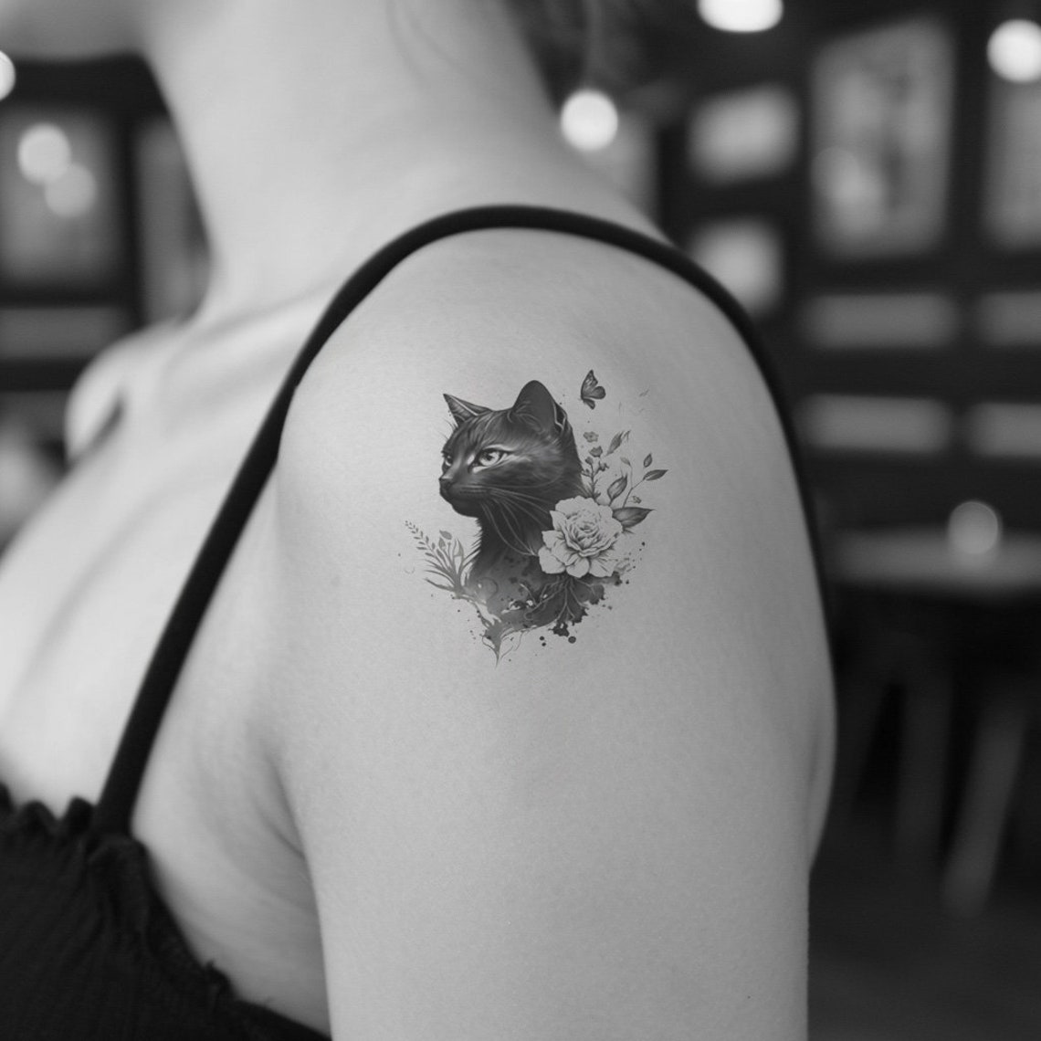Cat With Flowers Tattoo Design Download High Resolution Digital PNG Art ...