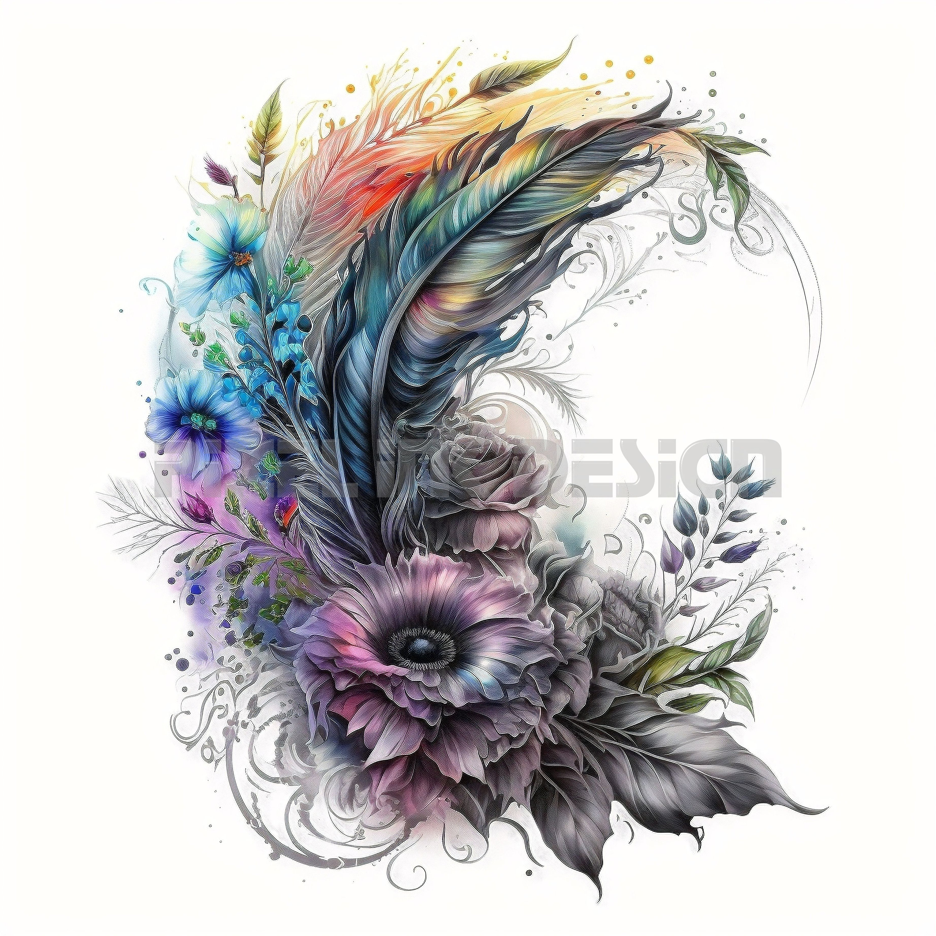 Feather With Flowers Tattoo Design Download High Resolution Digital Art ...