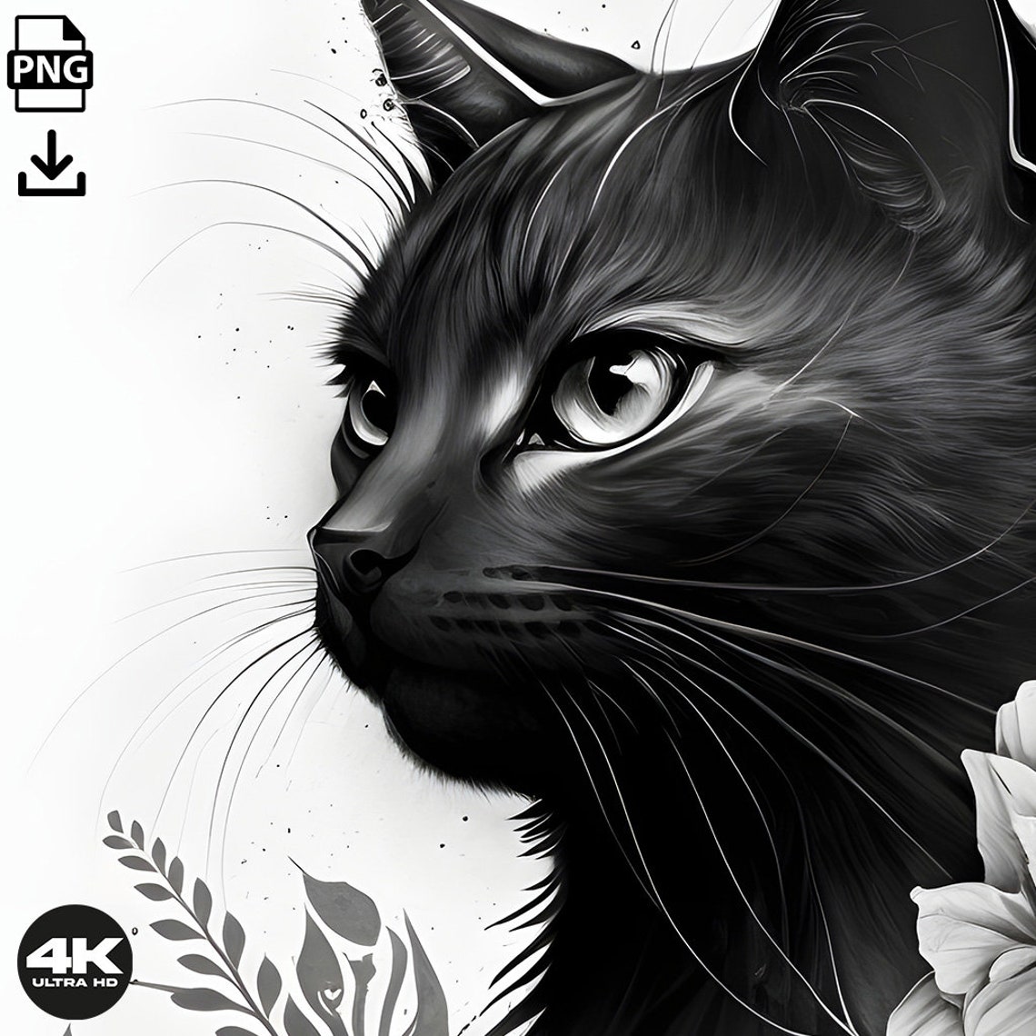 Cat With Flowers Tattoo Design Download High Resolution Digital PNG Art ...