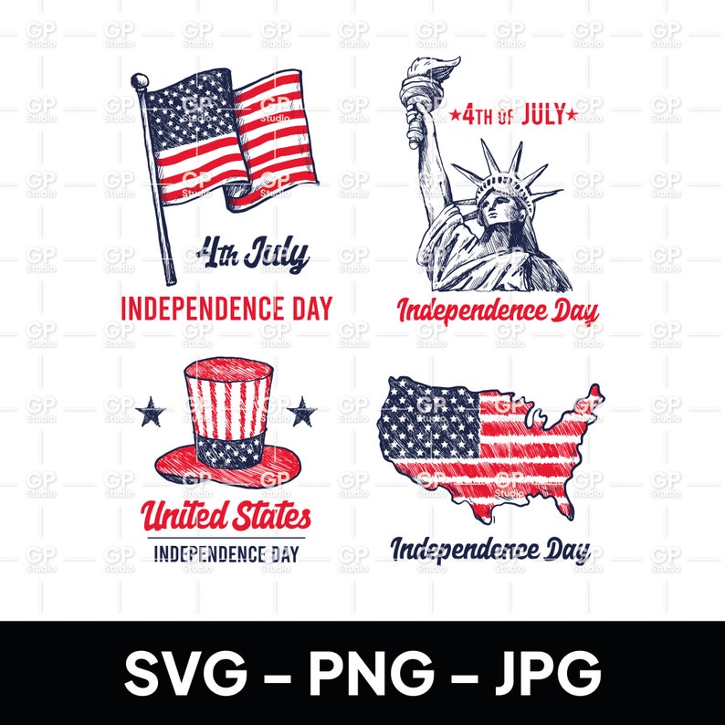 4th of July Independence Day SVG JPG PNG Drawing Style - Etsy