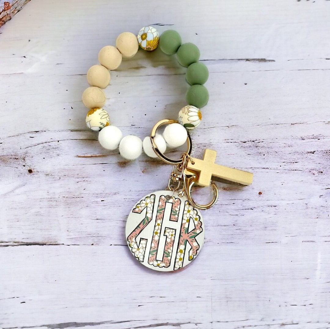 Floral Cross Keychain Custom Wood and Silicone Bead Wristlet Keychain ...