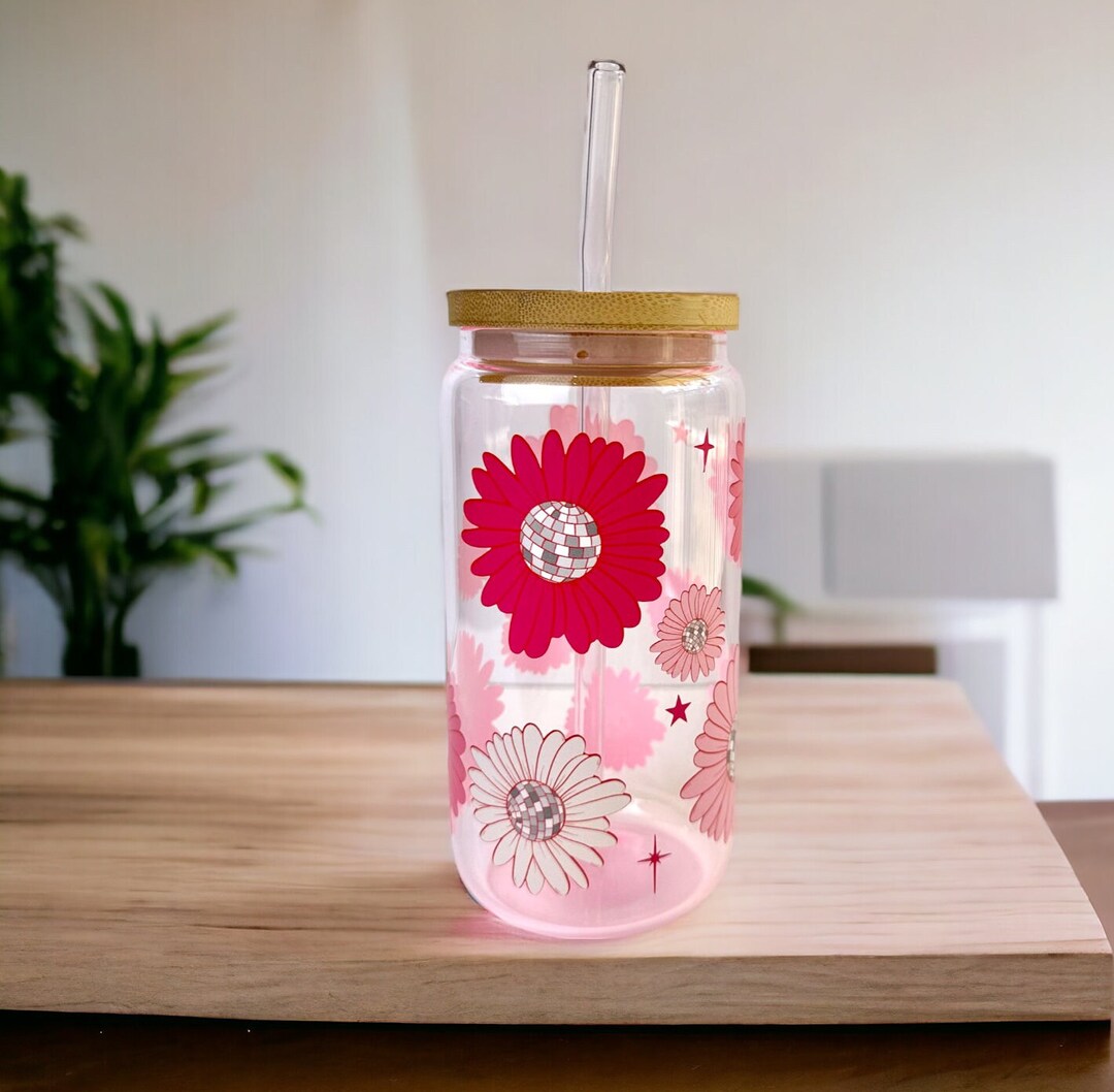 Pink Glass Tumbler Shimmer Pink Glass Can Floral Glass Cup Disco ...