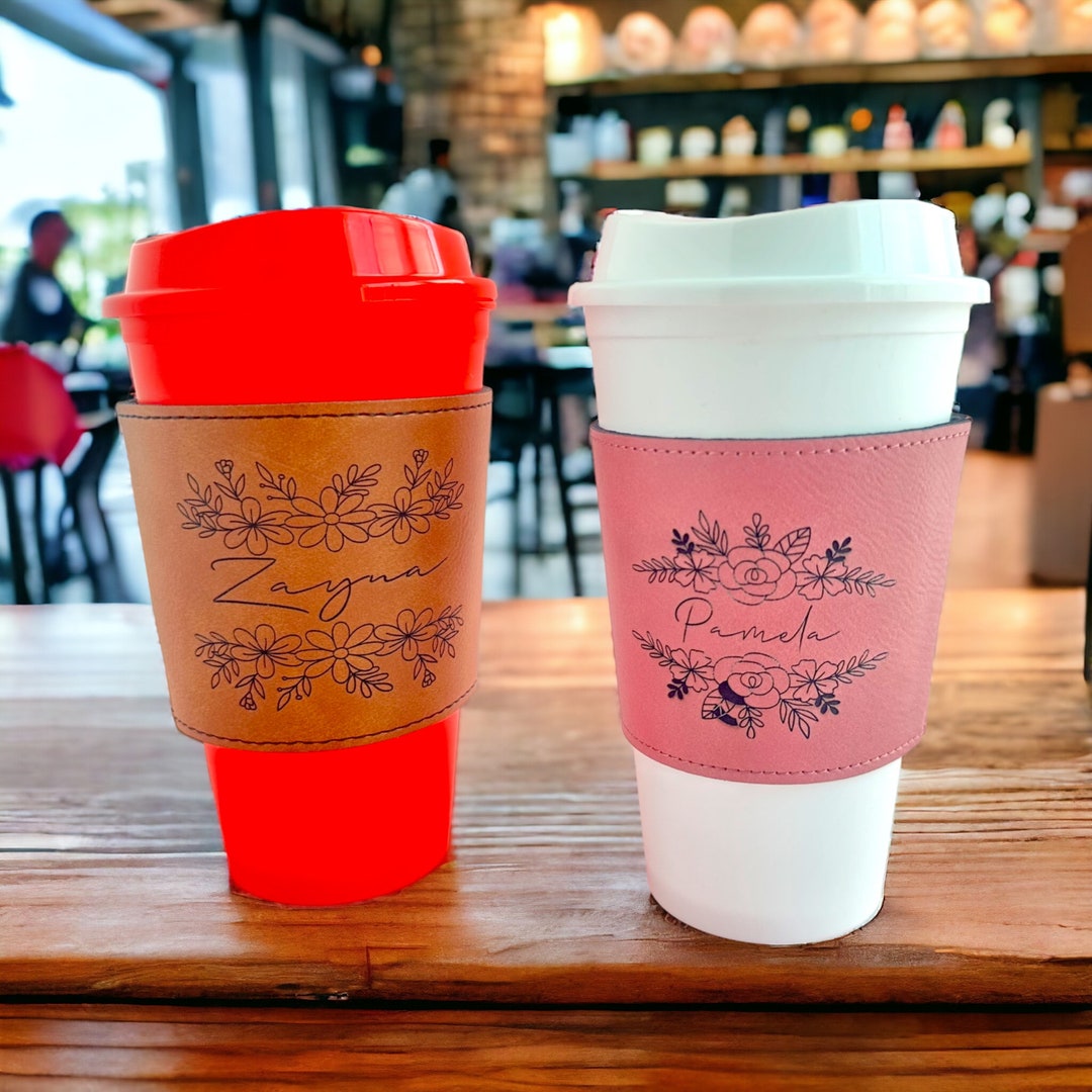 Personalized Leather Coffee Cup Sleeve With 16 Oz Reusable Coffee Cup ...