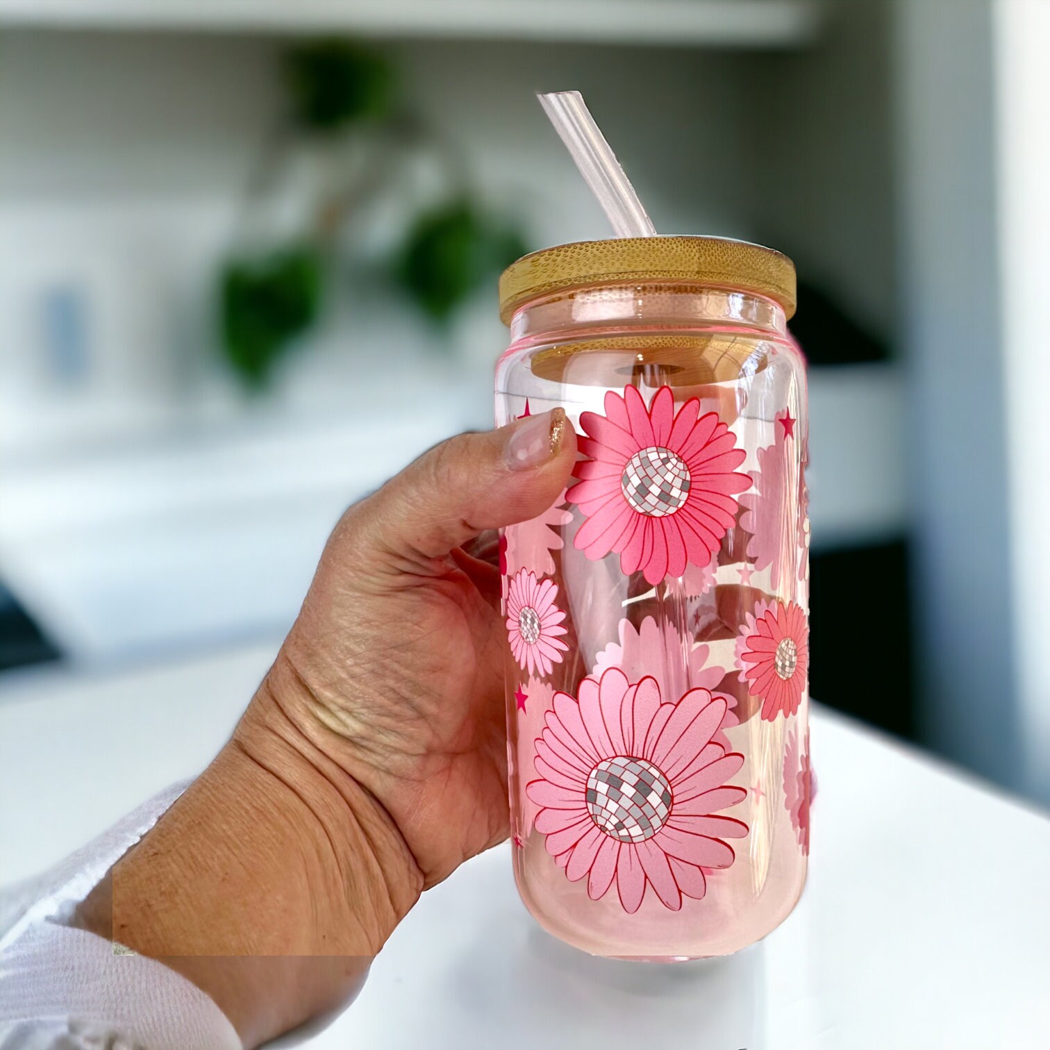 Pink Glass Tumbler Shimmer Pink Glass Can Floral Glass Cup Disco ...