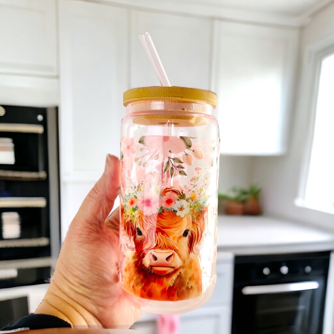 Highland Cow Glass Tumbler Floral Glass Can Iced Coffee Cup Spring ...
