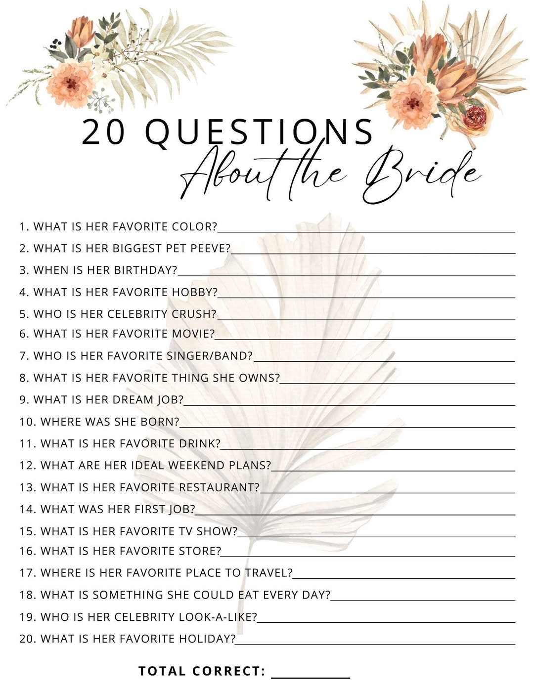 Bridal Shower Games 20 Questions boho Theme - Etsy