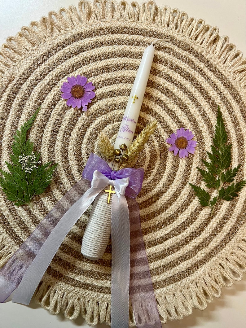 GINA Candle - Purple Theme Baptism Candle Decorated With Dried Flowers ...