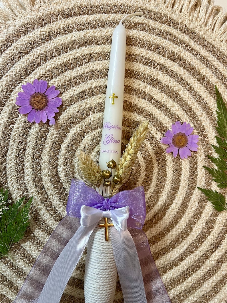 GINA Candle - Purple Theme Baptism Candle Decorated With Dried Flowers ...