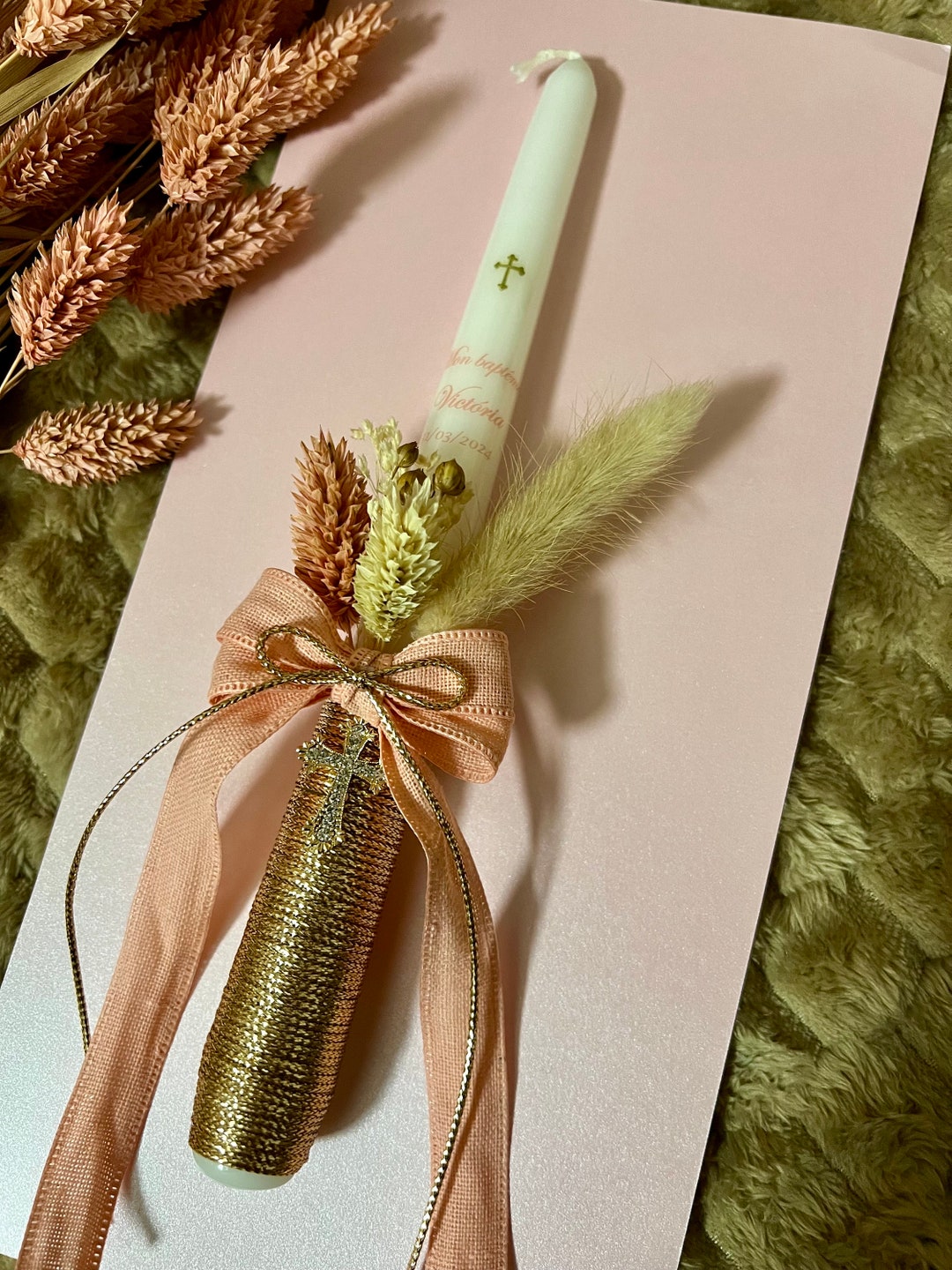 Cierge ORO - cierge de baptême personnalisé thème Or / Rose, fleurs ...