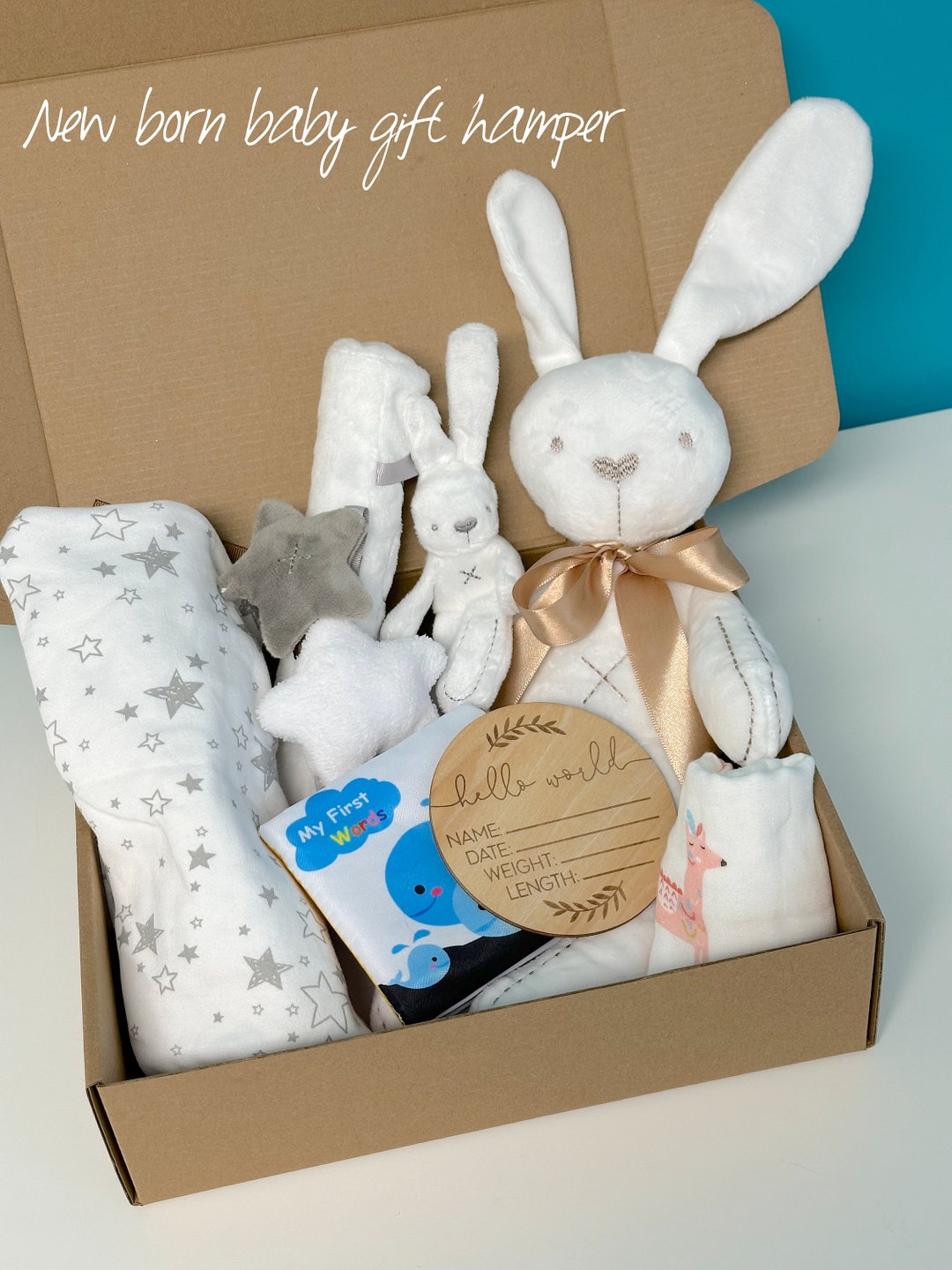 Baby Shower Hamper, Neutral Newborn Gift Bundle, Swaddle Gift Set, Soft ...