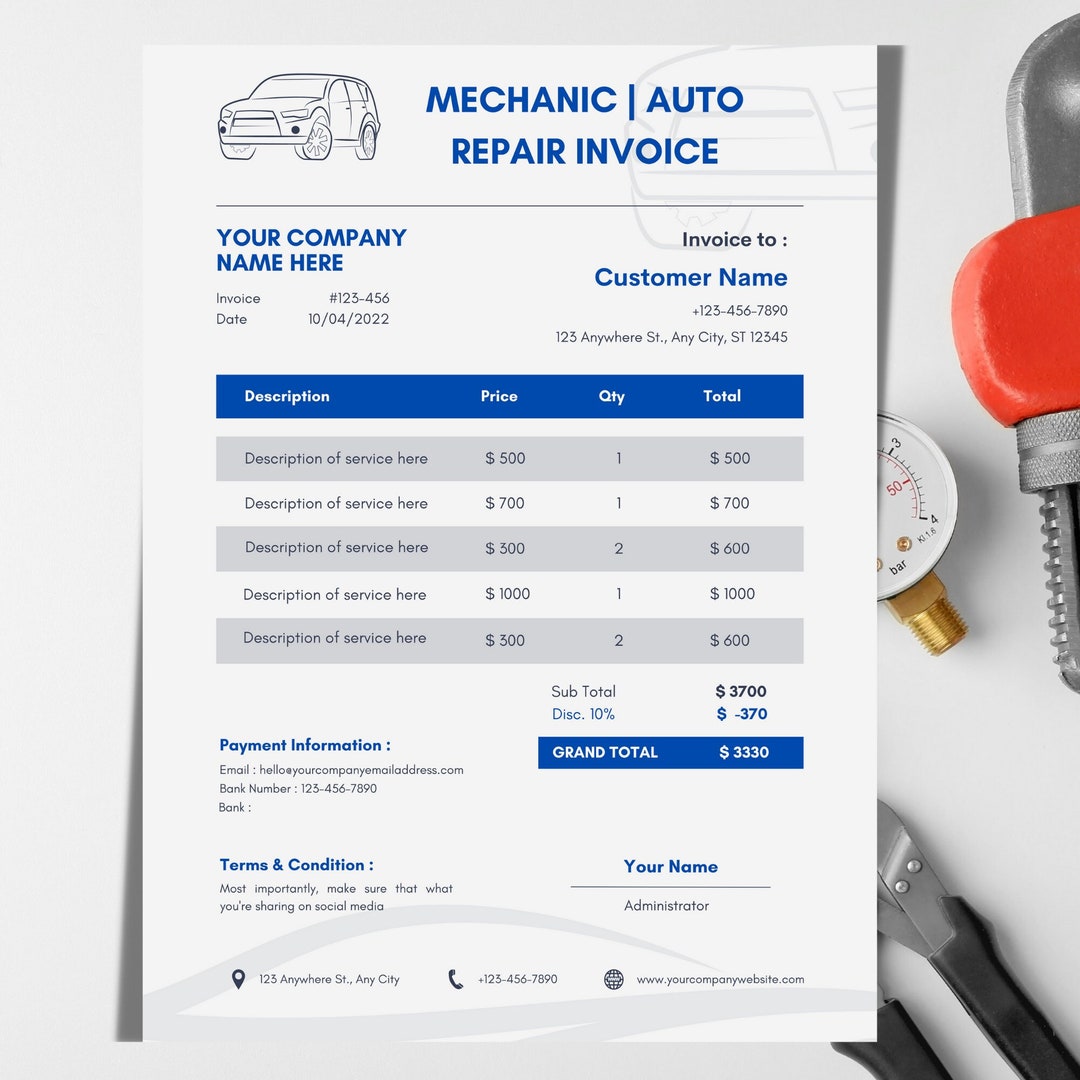 Auto Repair/car Mechanic Invoice Template Editable Invoice Template ...