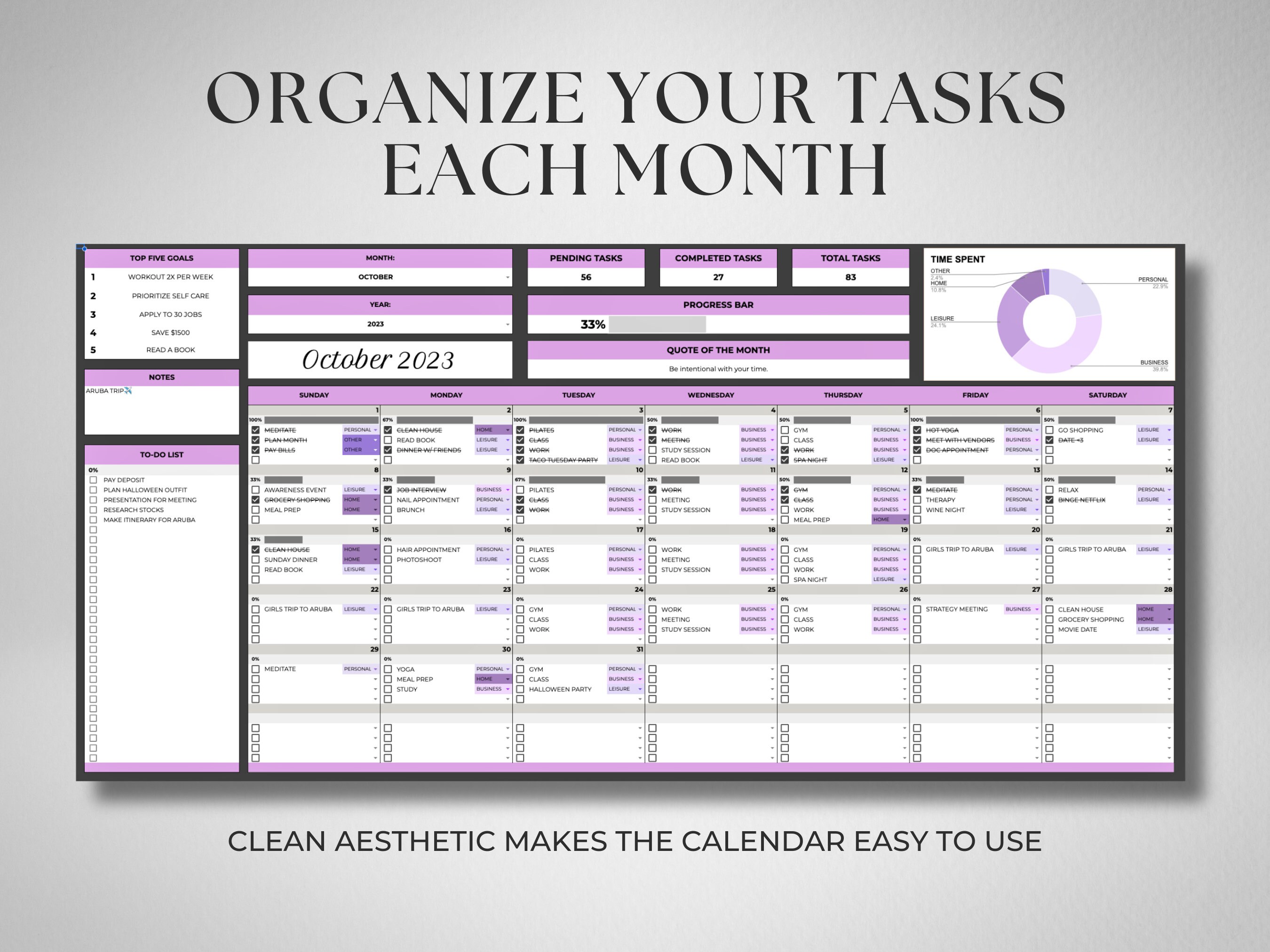 Editable Monthly Calendar Spreadsheet | Automated Calendar & Time ...