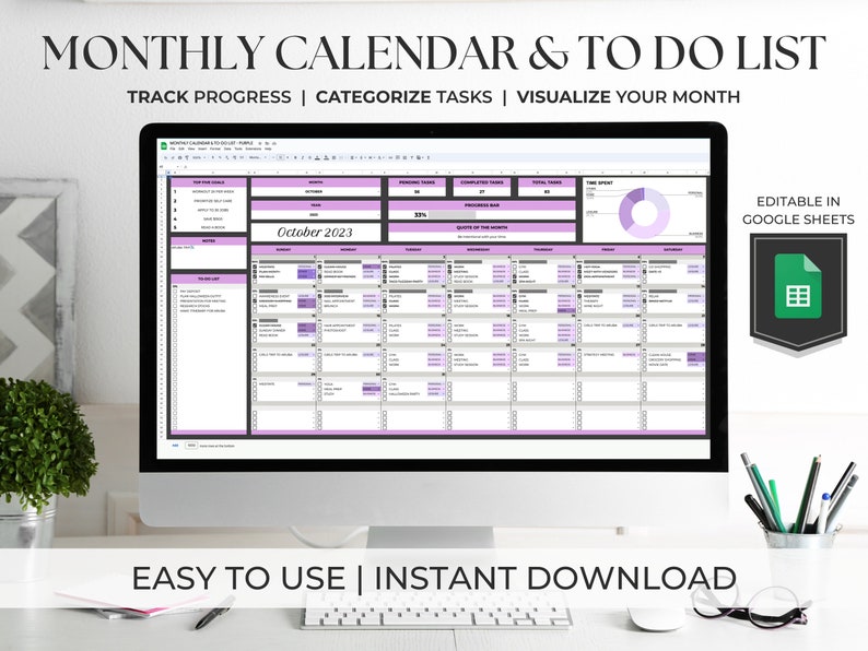 Editable Monthly Calendar Spreadsheet Automated Calendar & Time Tracker ...