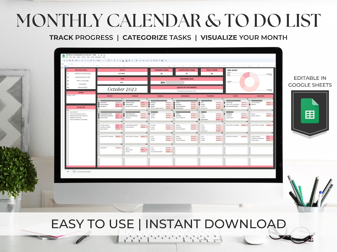 Editable Monthly Calendar Spreadsheet | Automated Calendar & Time ...