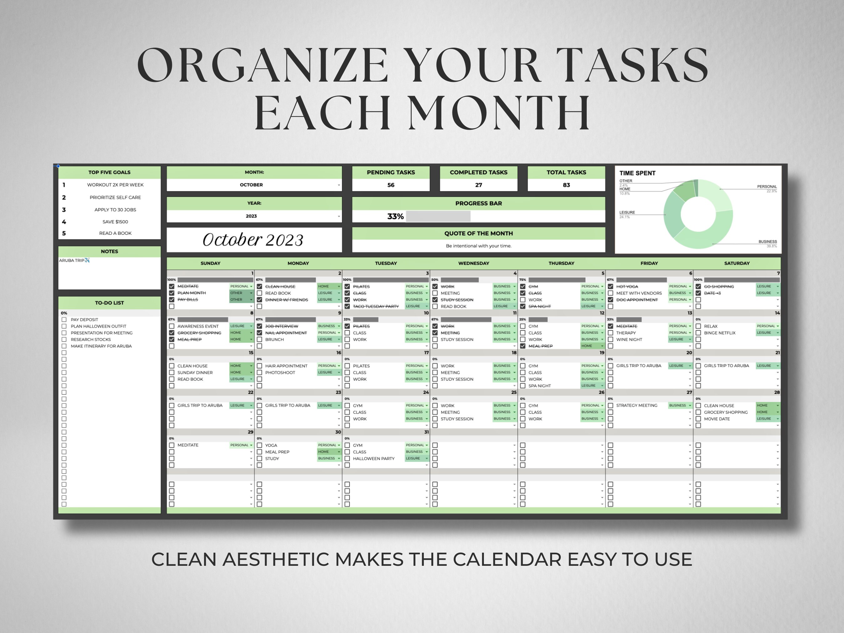Editable Monthly Calendar Spreadsheet | Automated Calendar & Time ...