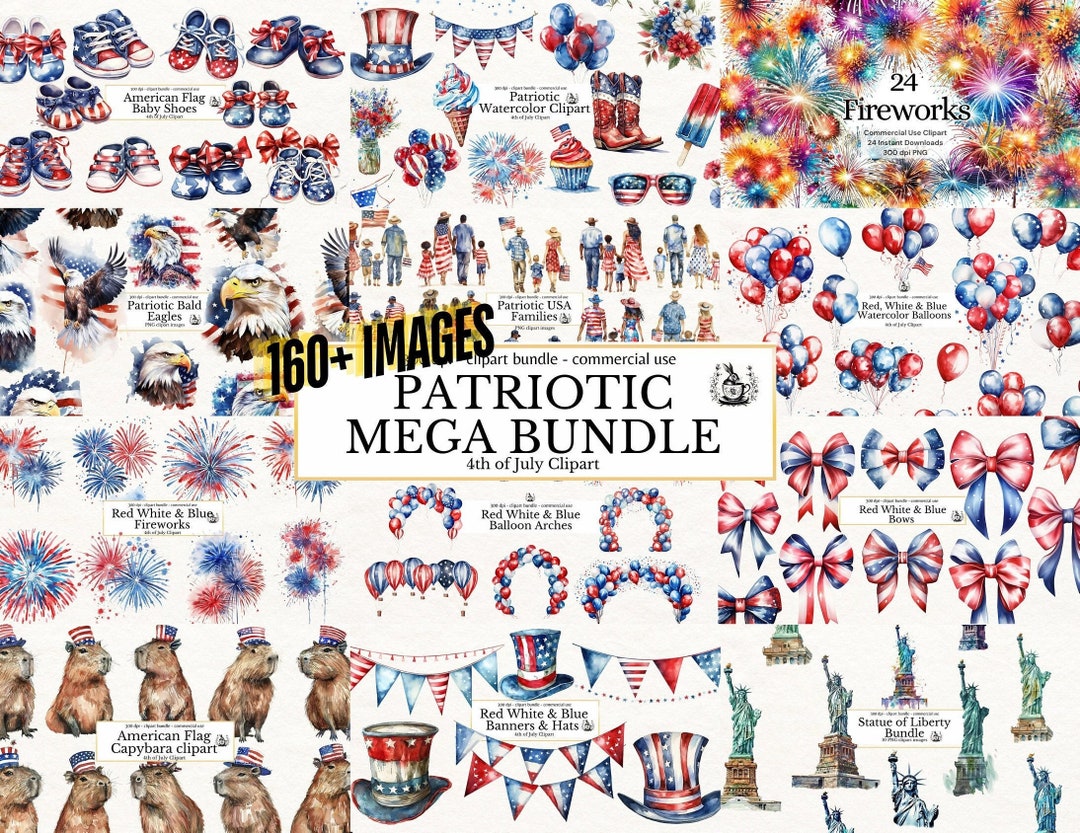 160+ PNG Patriotic Mega Bundle Watercolor 4th of July Clipart | Red ...