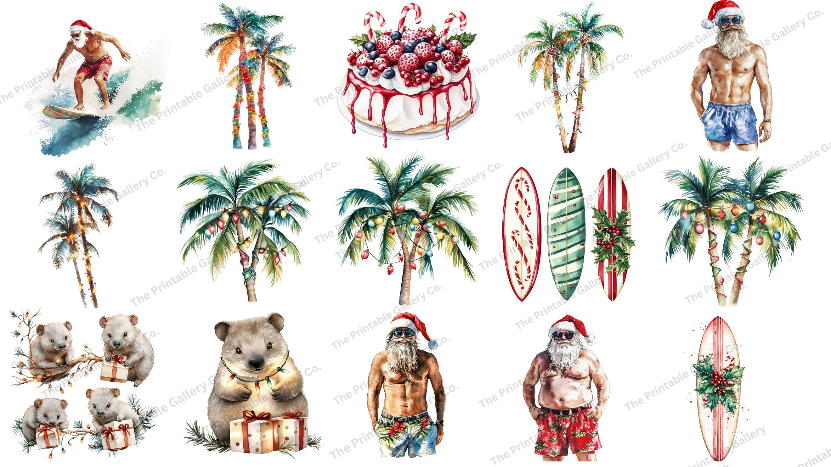 Tropical Christmas Clipart, Surfing Kangaroo With Santa Hat, Koala ...