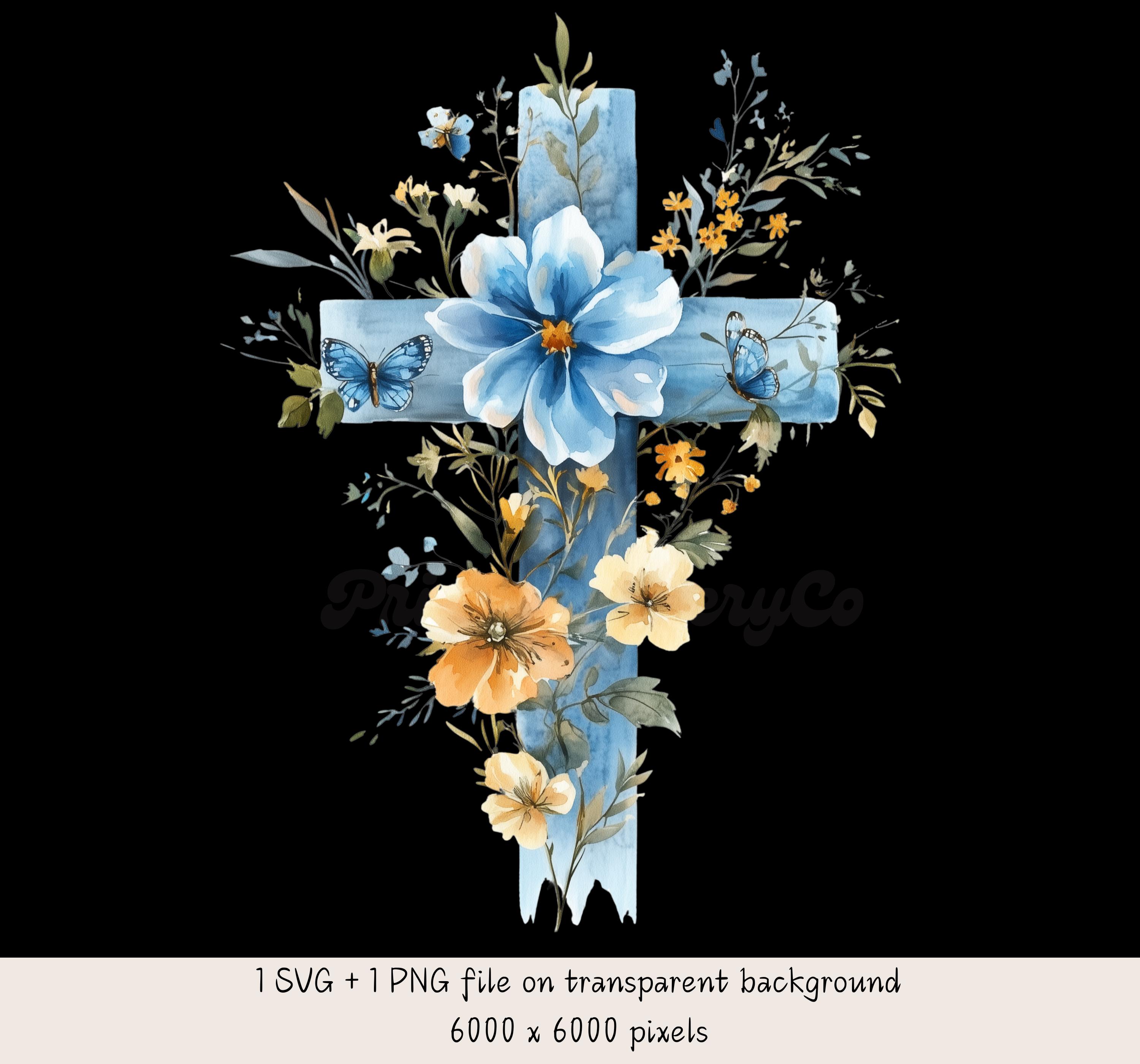 Blue & Yellow Floral Cross Clipart Watercolor Garden Flower Cross PNG ...