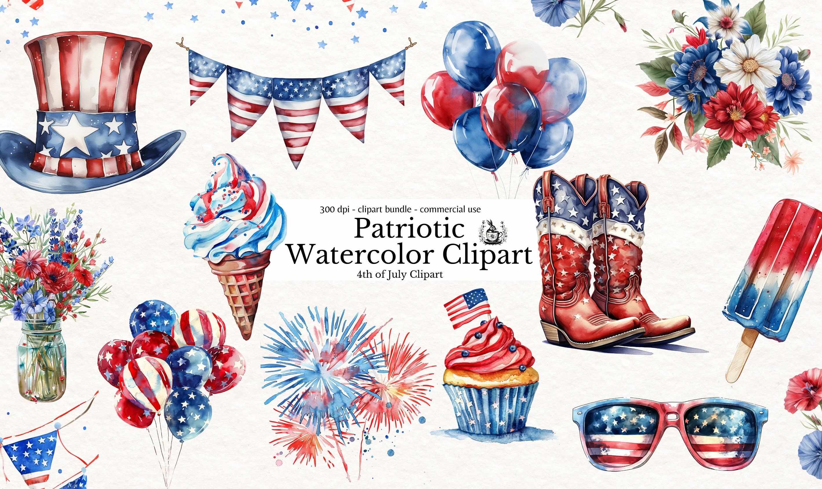 Watercolor 4th of July Clipart, Patriotic Independence Day Commercial ...