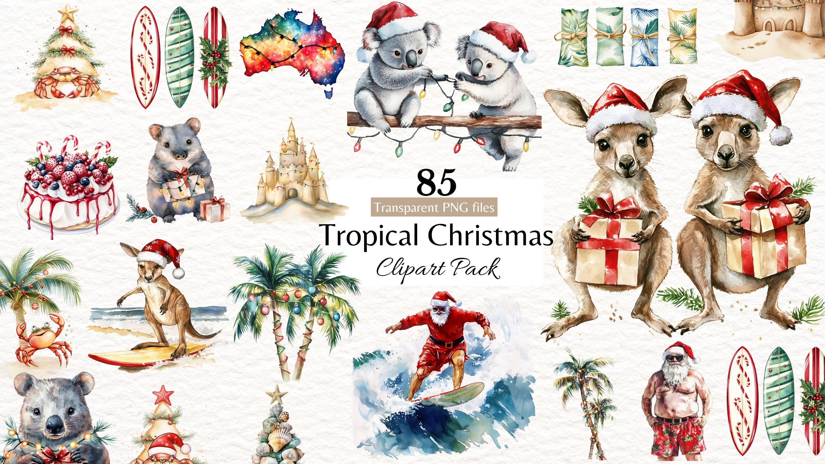 Tropical Christmas Clipart, Surfing Kangaroo With Santa Hat, Koala ...