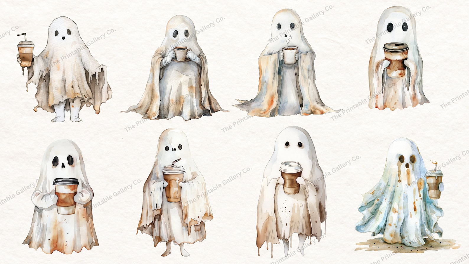 Watercolor Ghosts Holding Coffee Cup, Cute Halloween Ghosts Commercial ...