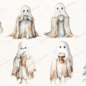 Watercolor Ghosts Holding Coffee Cup, Cute Halloween Ghosts Commercial ...