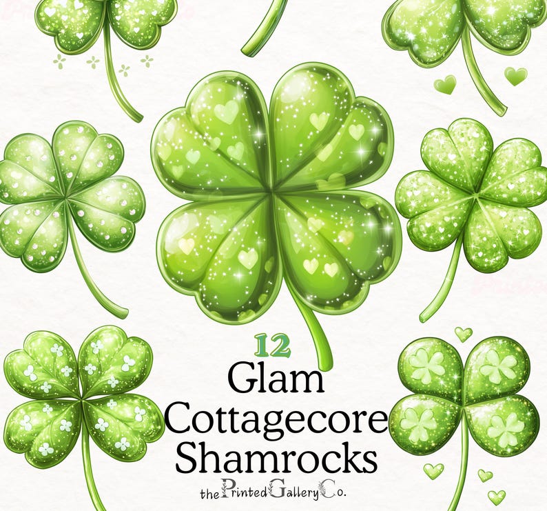12 Glam Shamrock PNG Bundle, Cottagecore Clover Clipart, Lucky Four ...