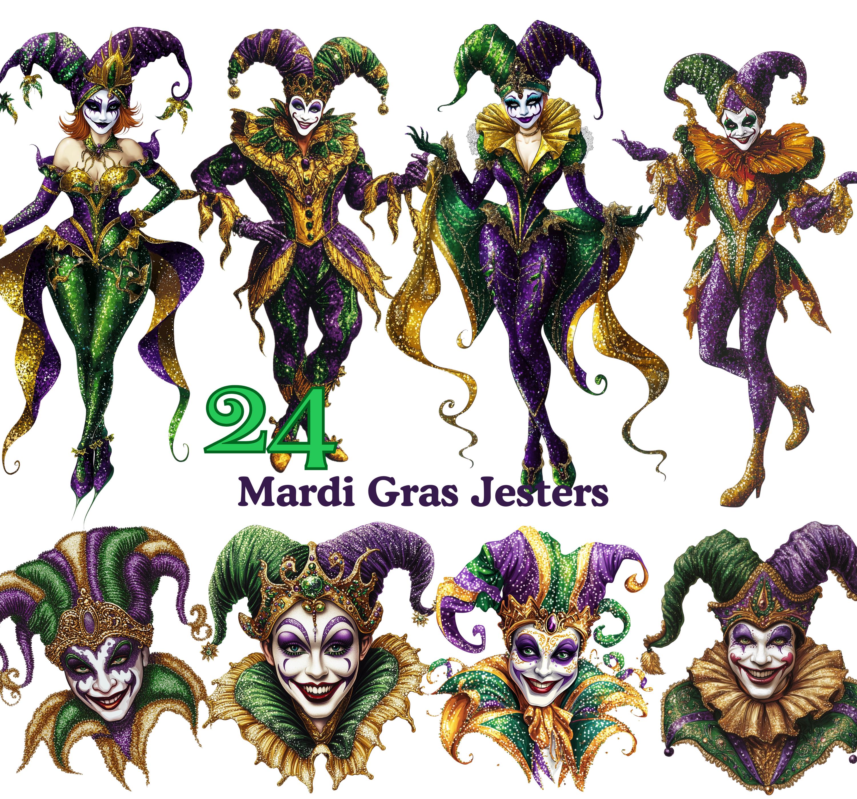 Mardi Gras Jester Clipart Bundle Faux Glitter Sequin Harlequinn PNG Fat Tuesday Invitation Clip ...