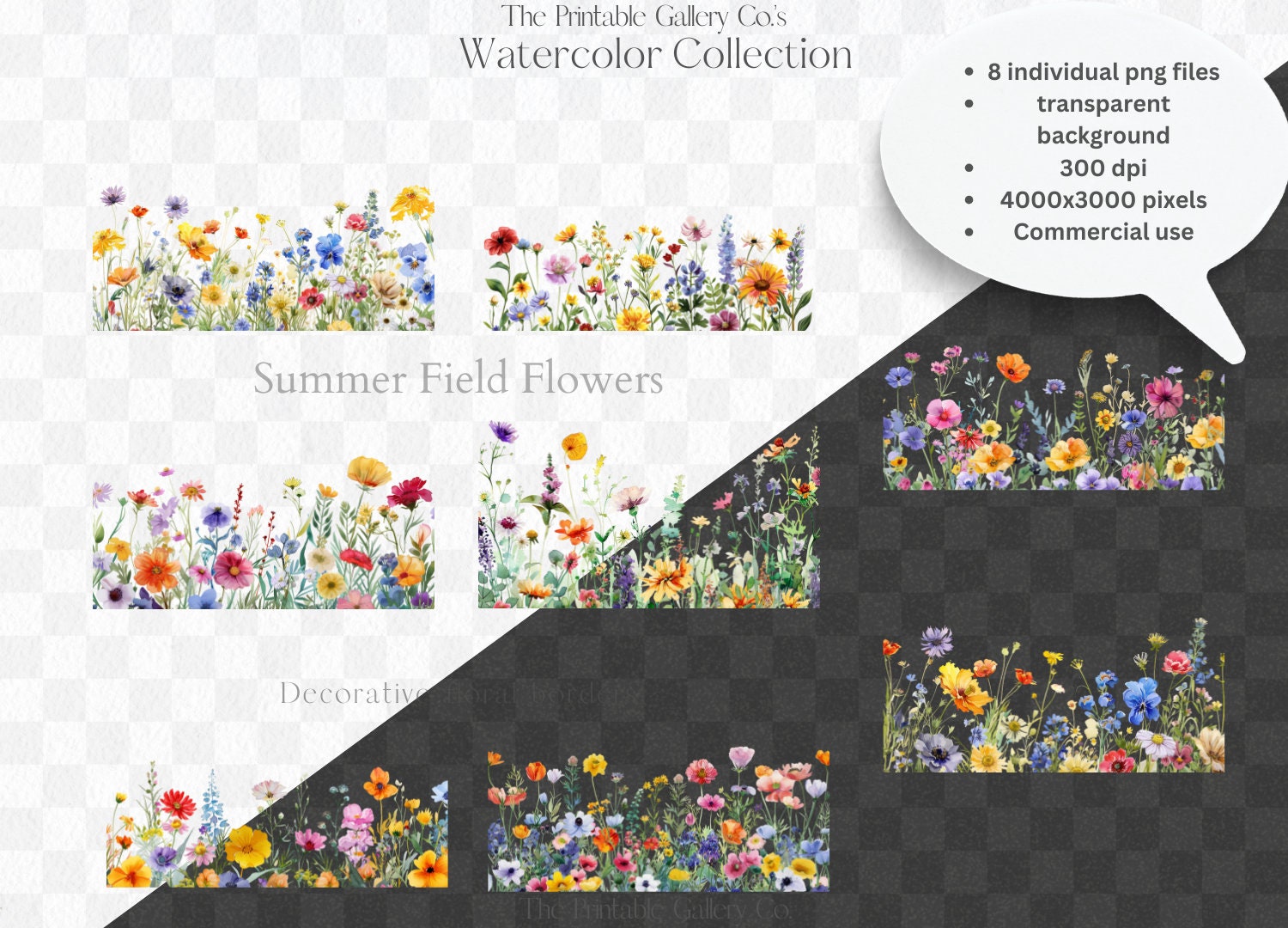 Watercolor Summer Flowers, Watercolors Floral Fields, Premade Borders ...