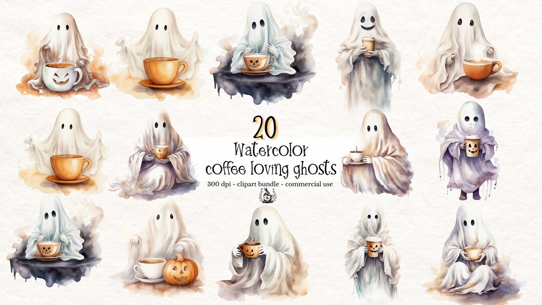 Cute Ghost Holding Coffee Clipart | Halloween Ghosts PNG | Spooky ...
