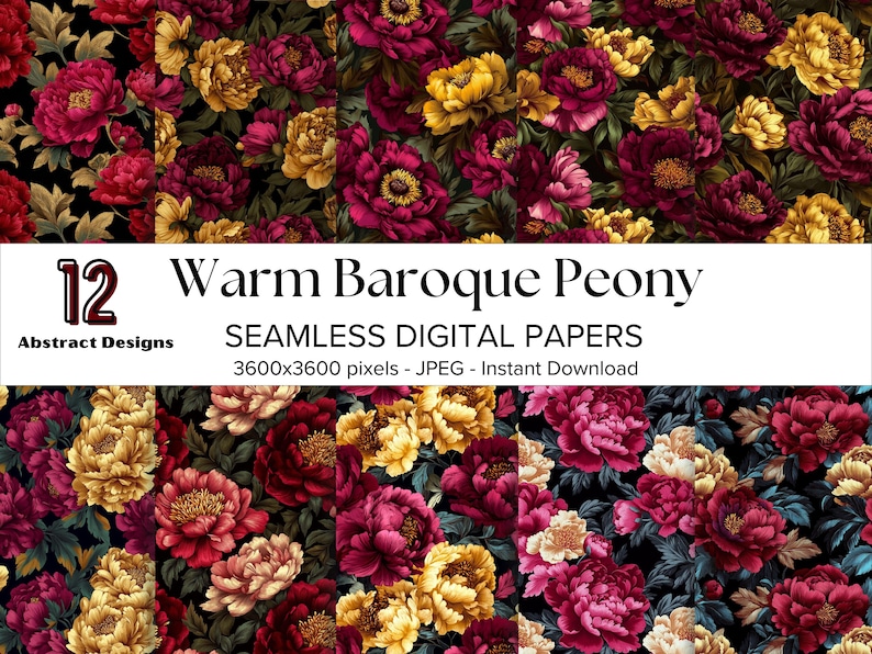 Baroque Peony Pattern, Romantic Warm Floral Seamless Digital Paper ...