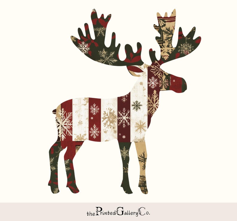 Rustic Patchwork Christmas Moose Clipart, Holiday Deer With Snowflakes ...