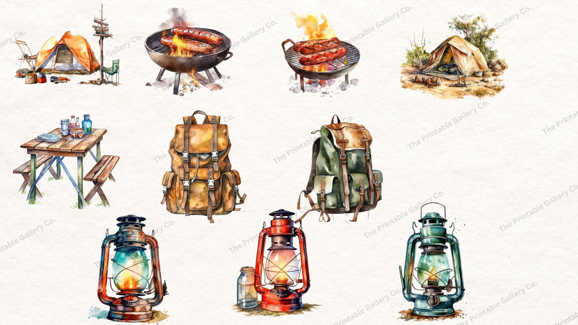 Watercolor Camping Clipart, Summer Outdoor Campsite Commercial Use PNG ...