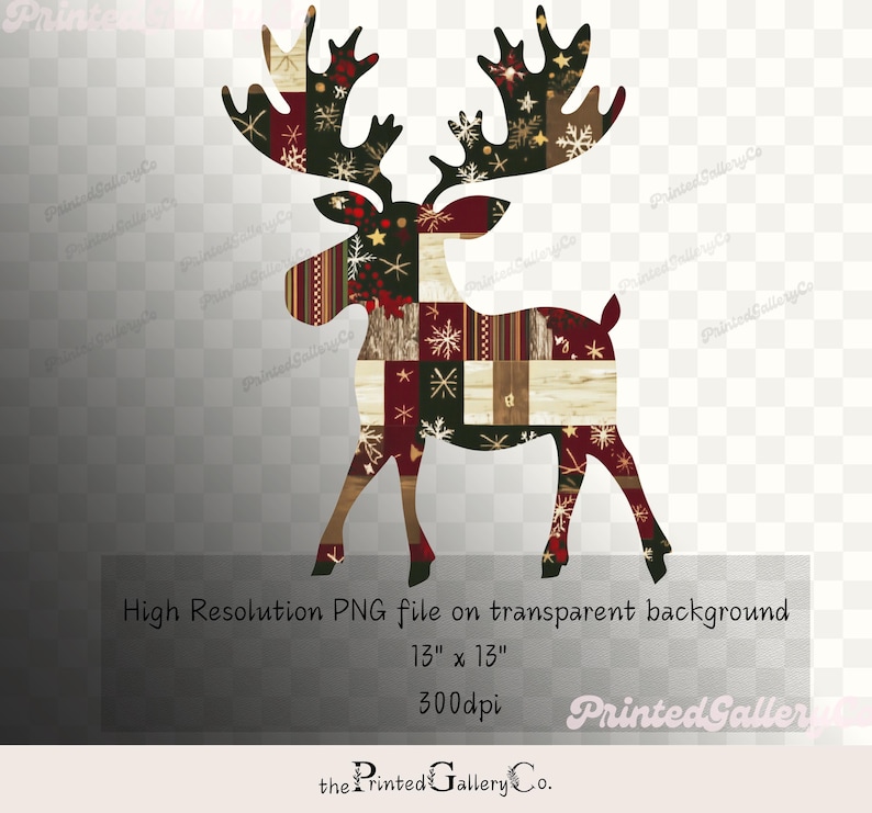 Rustic Patchwork Christmas Moose Clipart, Holiday Deer With Snowflakes ...