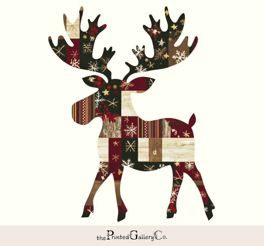 Stenciled Christmas Moose Clipart, Cozy Patchwork Holiday Deer With ...