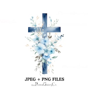 Patina Blue Floral Cross Clipart Watercolor Garden Flowers Cross PNG ...