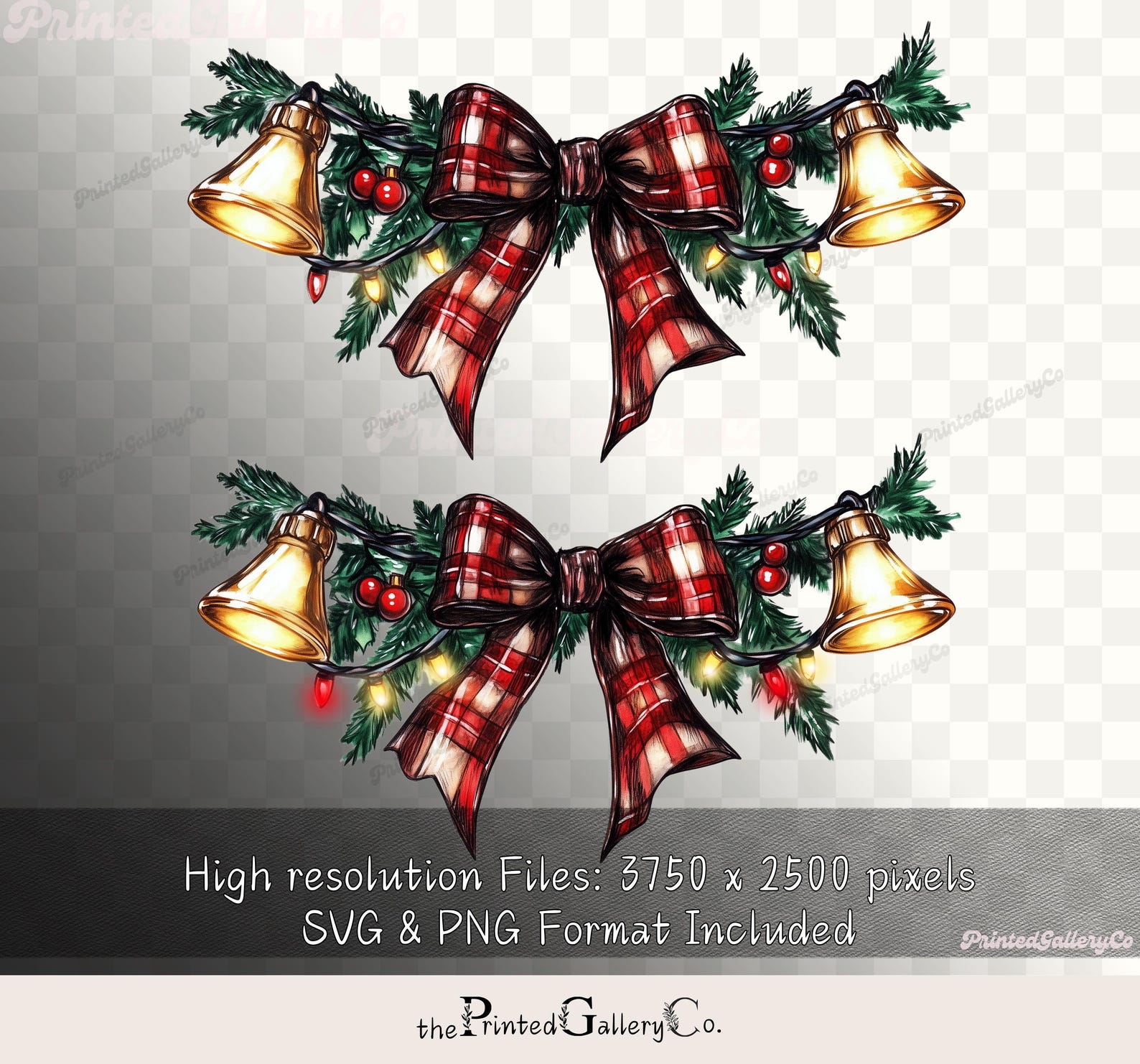 Gingham Jingle Bells Christmas Garland Clipart, Trendy Xmas PNG ...