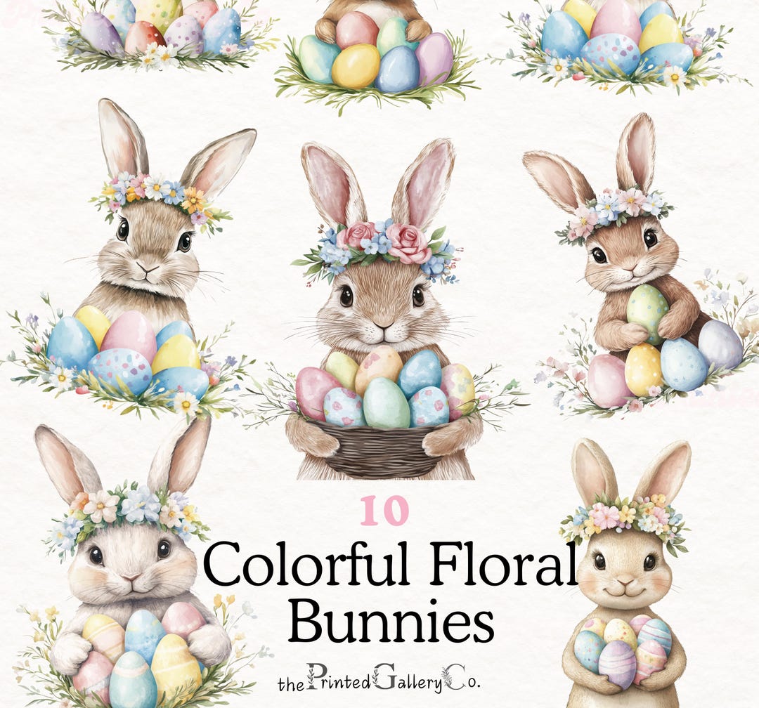 Colorful Floral Easter Bunny Clipart, Spring Rabbit Commercial Use PNG ...