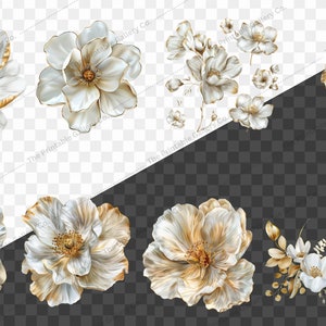 24 Gold Metallic Floral Clipart, White Flowers Commercial Use PNG ...