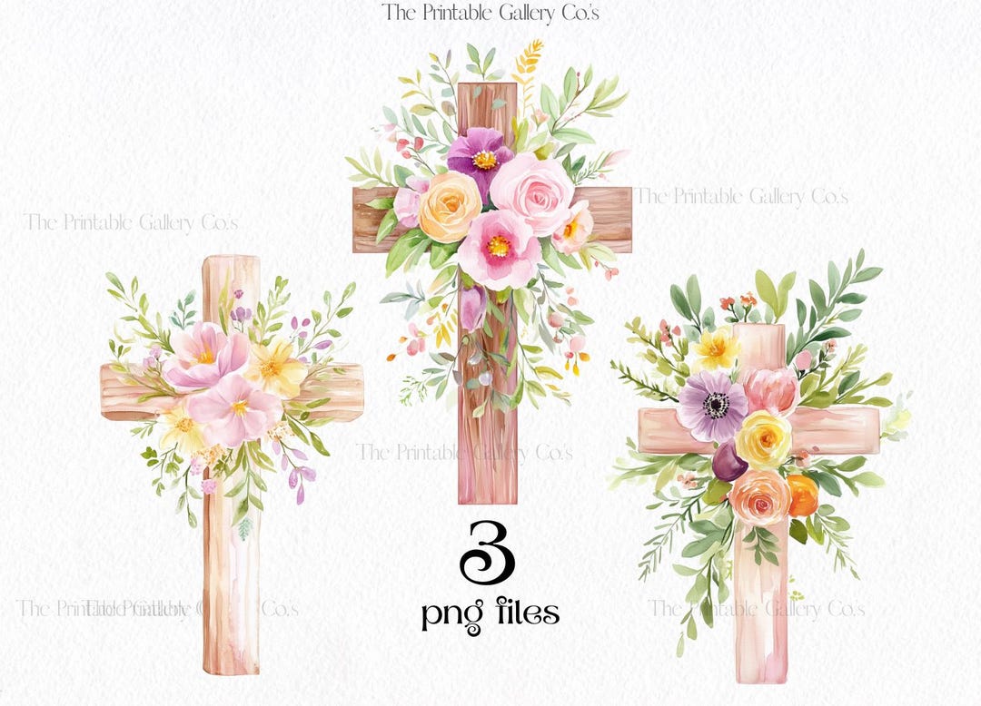 3 Watercolor Christian Crosses PNG Pastel Floral Cross Clipart Faith ...