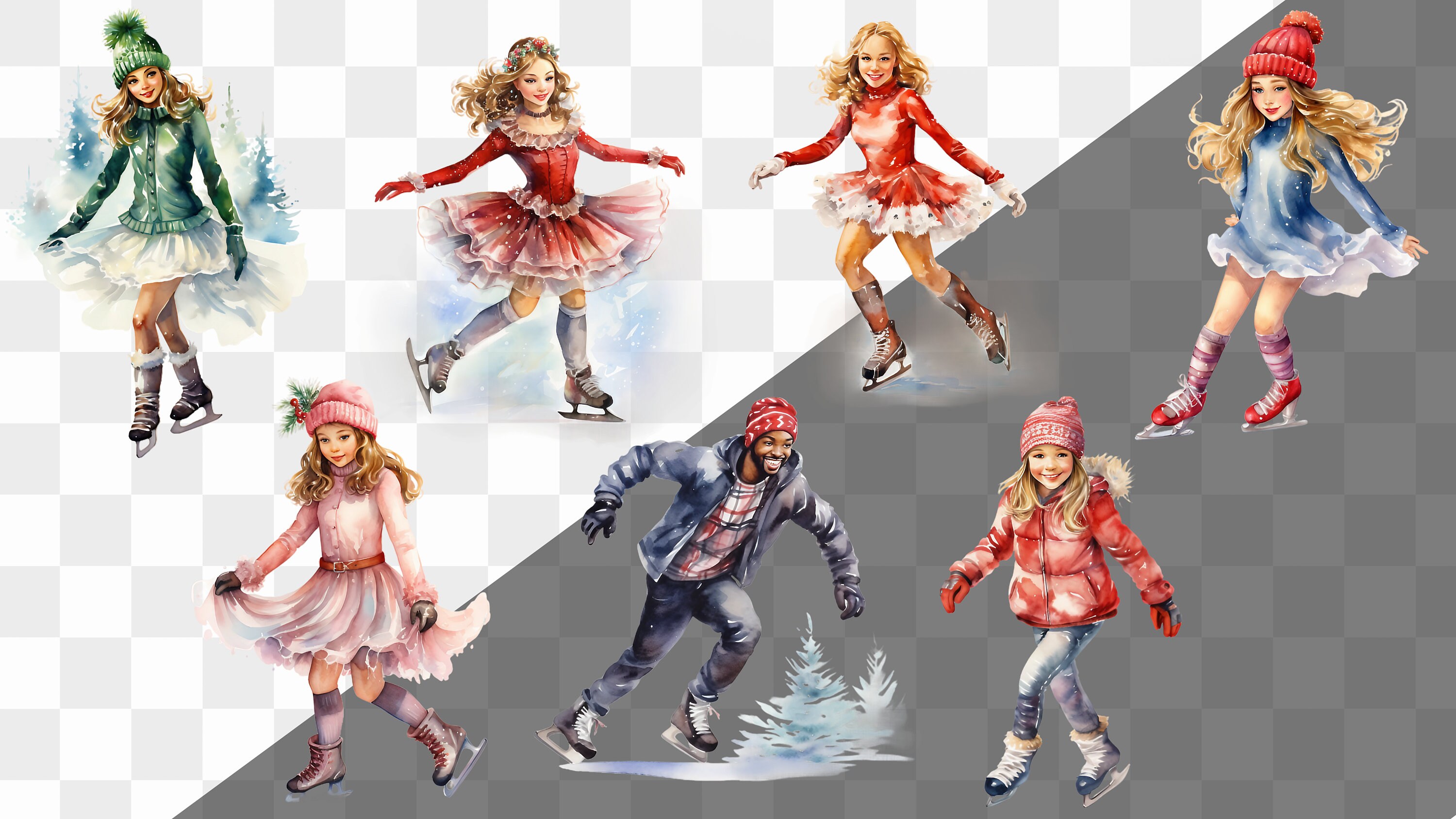 Watercolor Ice Skating Clipart, Co-ed Winter Clip Art for Sublimation ...