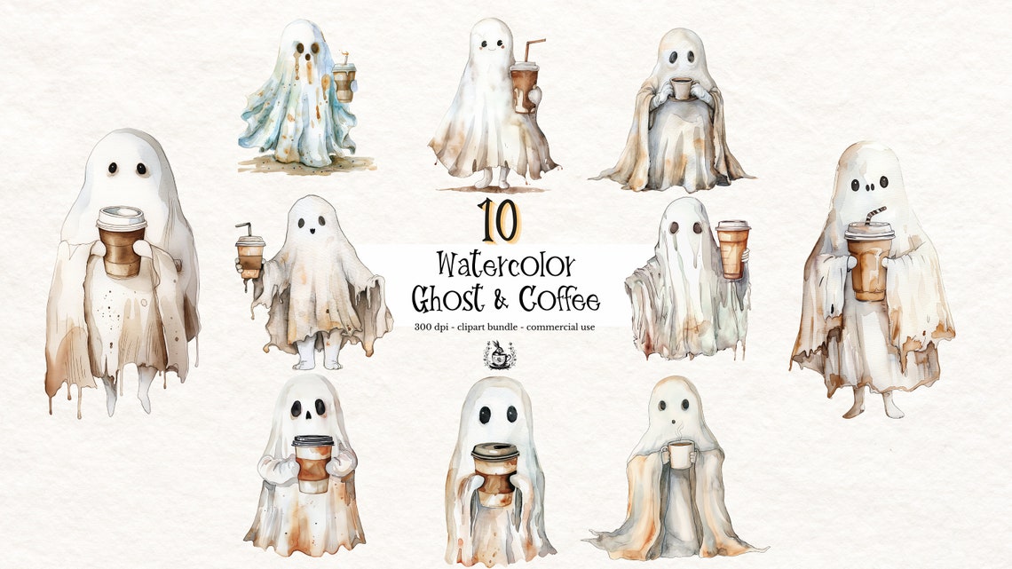 Watercolor Ghosts Holding Coffee Cup, Cute Halloween Ghosts Commercial ...