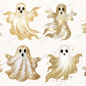 Glitter Ghost Clipart, Gold/white Glam Halloween Cute Ghosts and Ghouls, Spooky Clip Art PNG ...