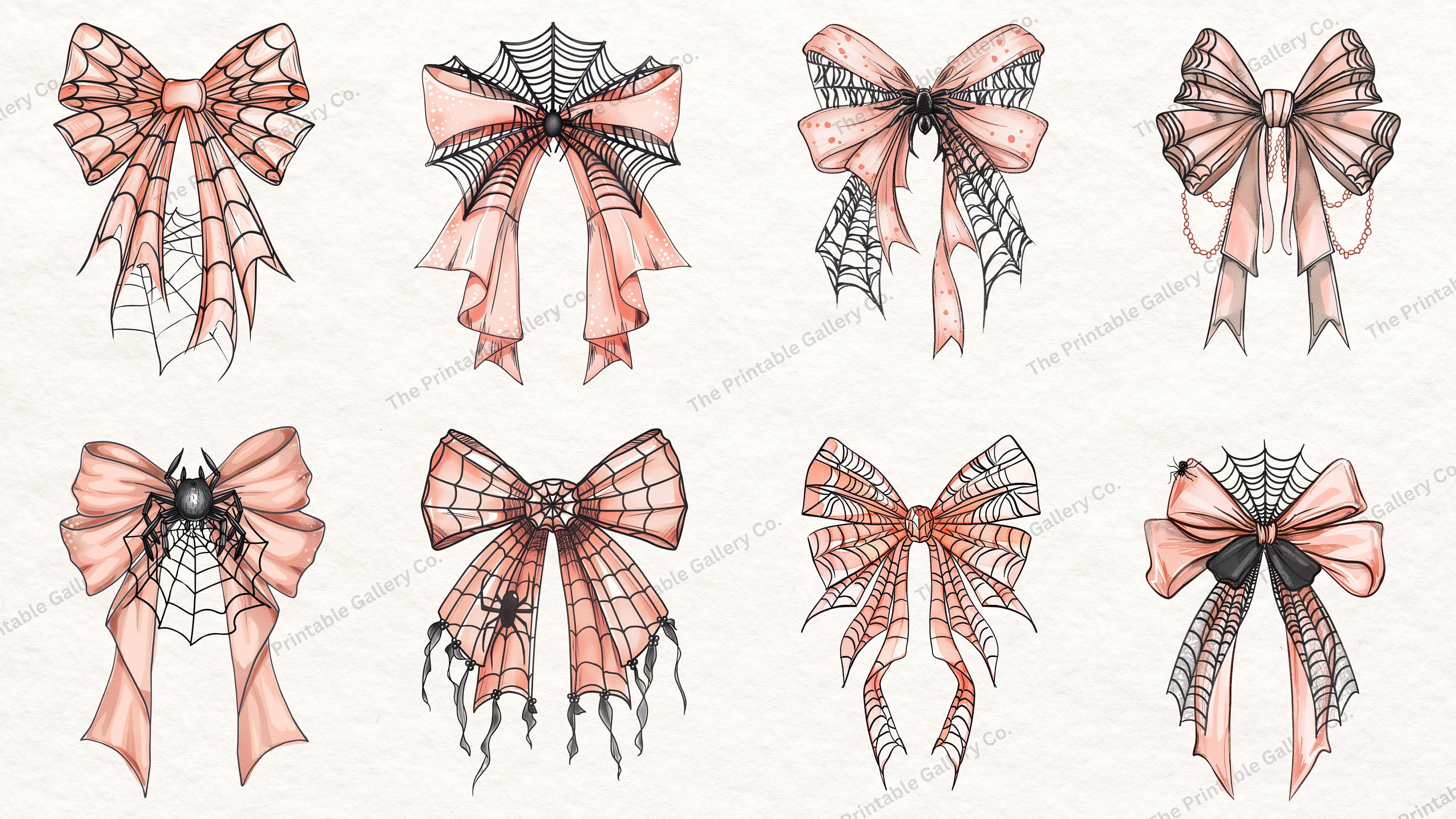 Watercolor Peach Ribbon Bows Clipart, Pastel Halloween Cobweb Bow ...